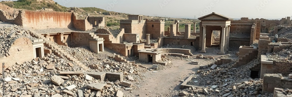 Excavated remains of a ancient city, with crumbling buildings and ...