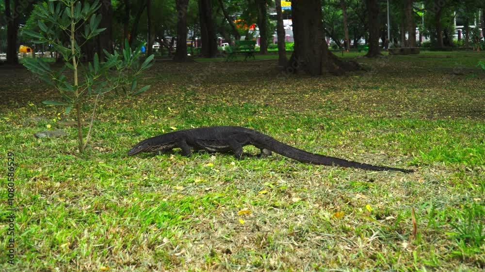 Monitor lizard is walking in the park. Stock Video | Adobe Stock
