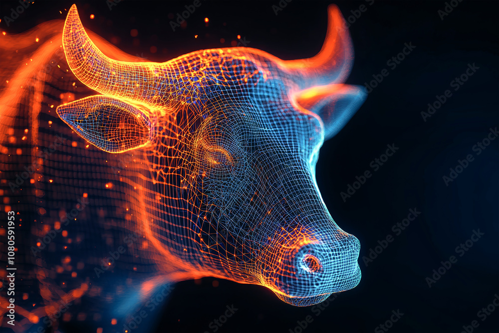 Glowing bull illustration on a stock market background with a vibrant ...