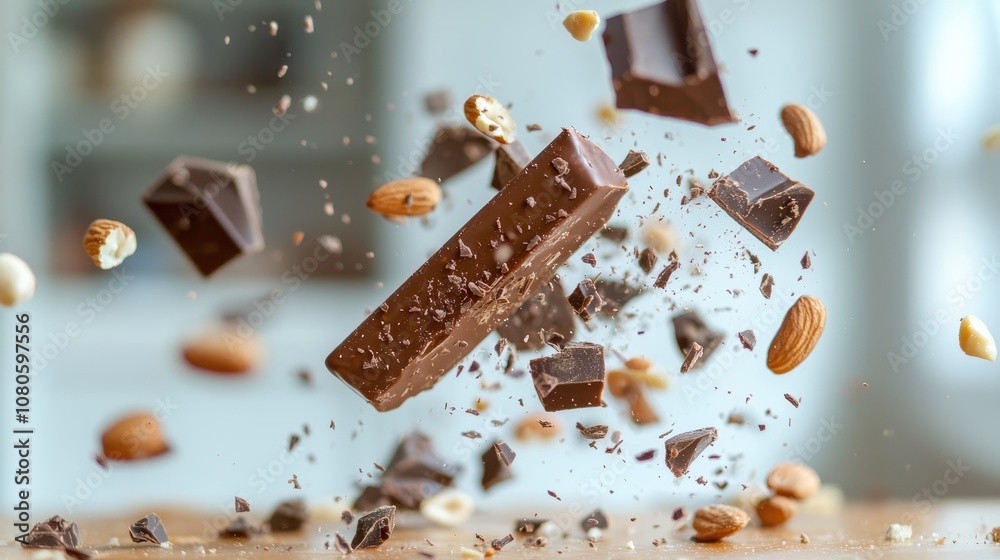 Exploded chocolate bar with chunks of chocolate, nuts, and caramel ...