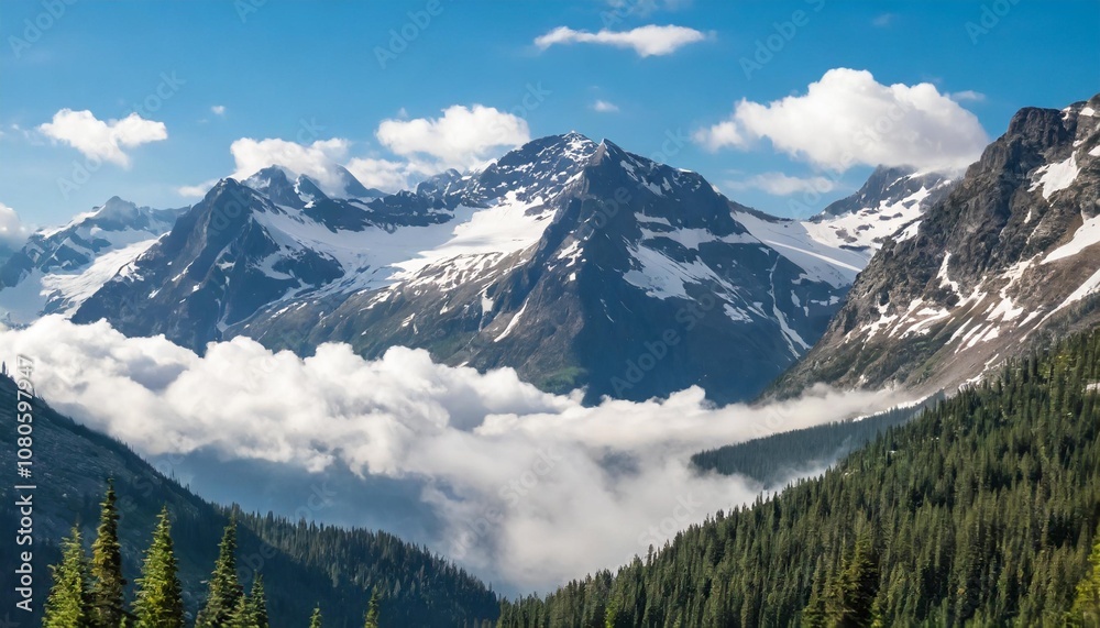 Snow-Capped Mountain Peaks Piercing Through the Clouds, With an Endless Stretch of Pine Forest ...