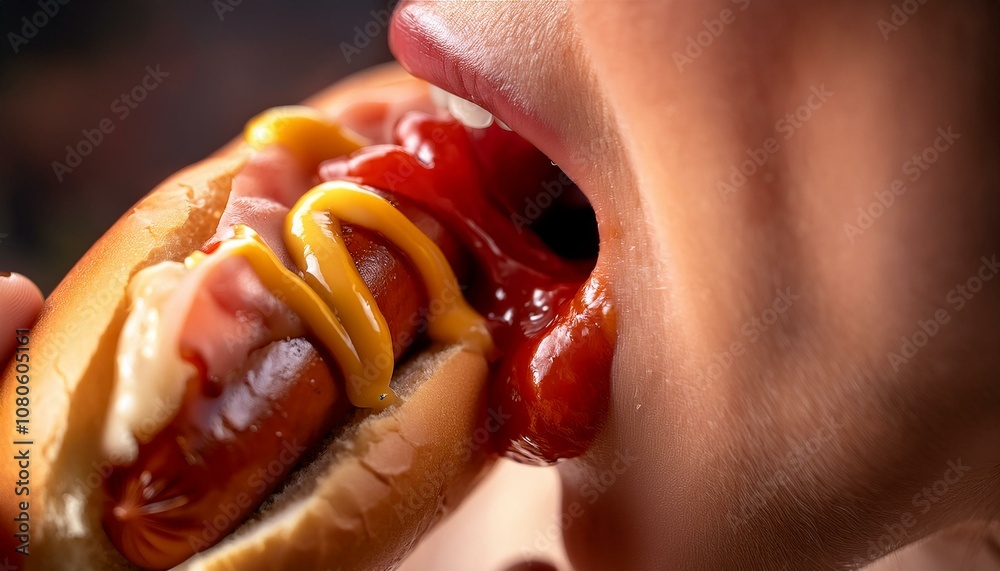 Up and close view of a person devouring a hot dog with bun; hot dog ...