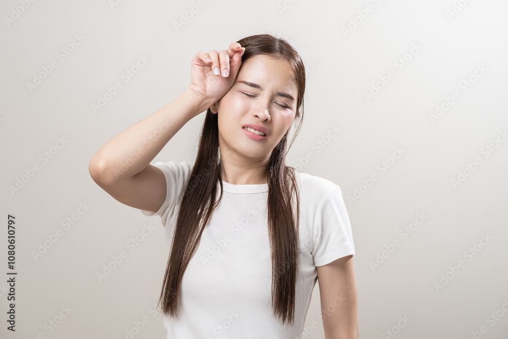 Hot weather and health care concept asian young woman suffering from ...