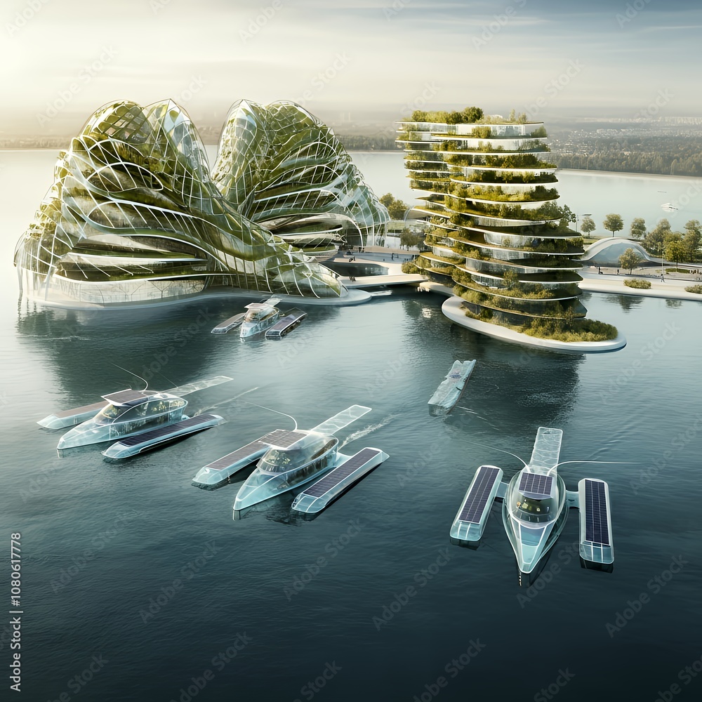 Solar-powered boats navigating a futuristic harbor, with floating green ...