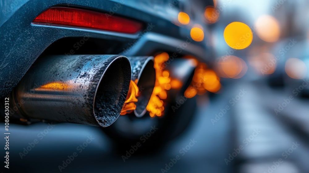 A close-up of an automobile tailpipe emitting fire against a blurred ...