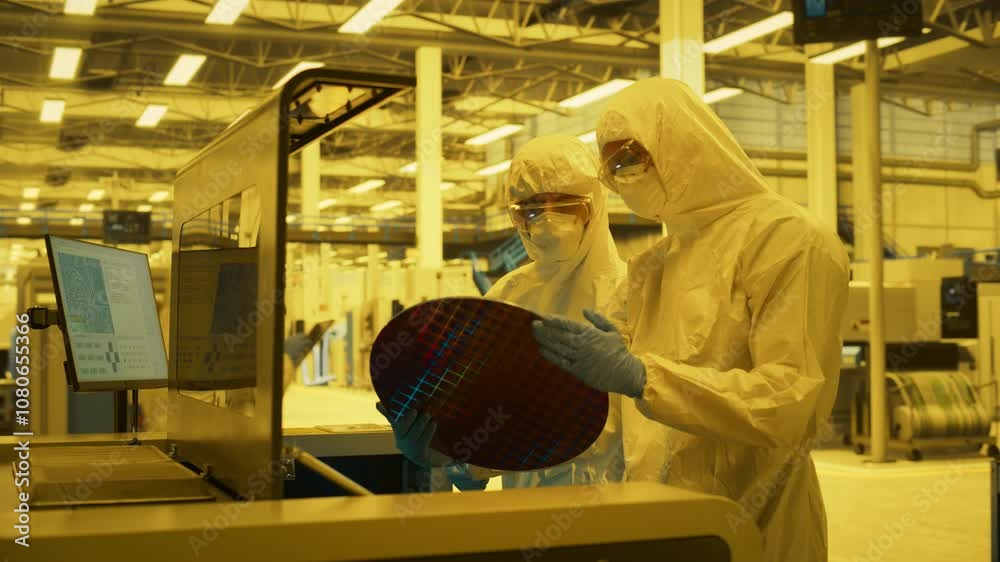 Cleanroom Technicians Hold Silicon Wafer in a Advanced Semiconductor ...
