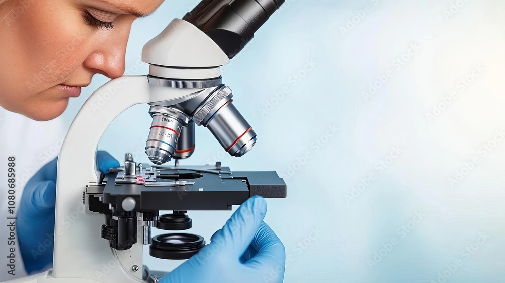 Pathologist examining tissue samples under a microscope, detailed ...