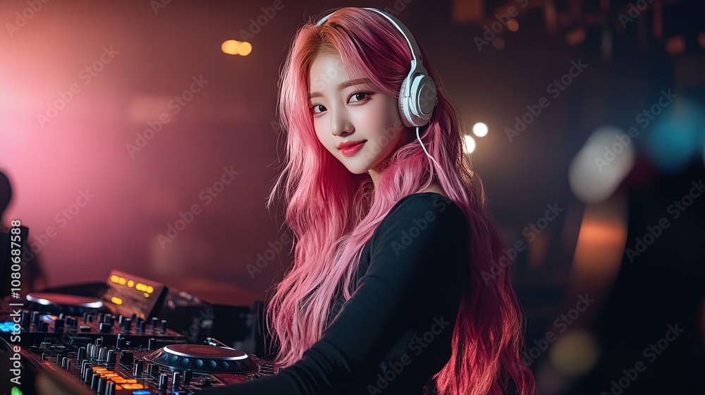 Cool female asian dj is working in a nightclub, standing at turntables ...