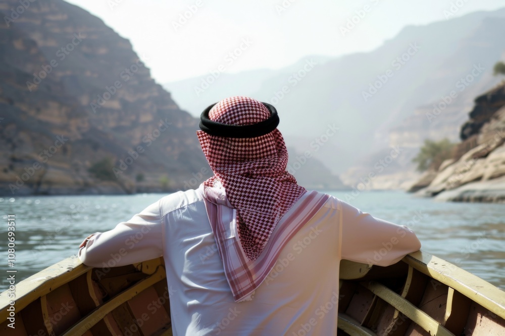 A Saudi Arabian man stands confidently at the bow of a boat looking out ...