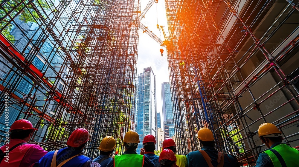 Workers Observing Construction Site with Scaffolding and Cranes Under ...