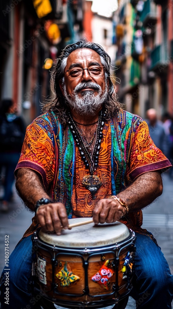 Portrait of an elderly drummer joyfully playing at Fiesta de San ...