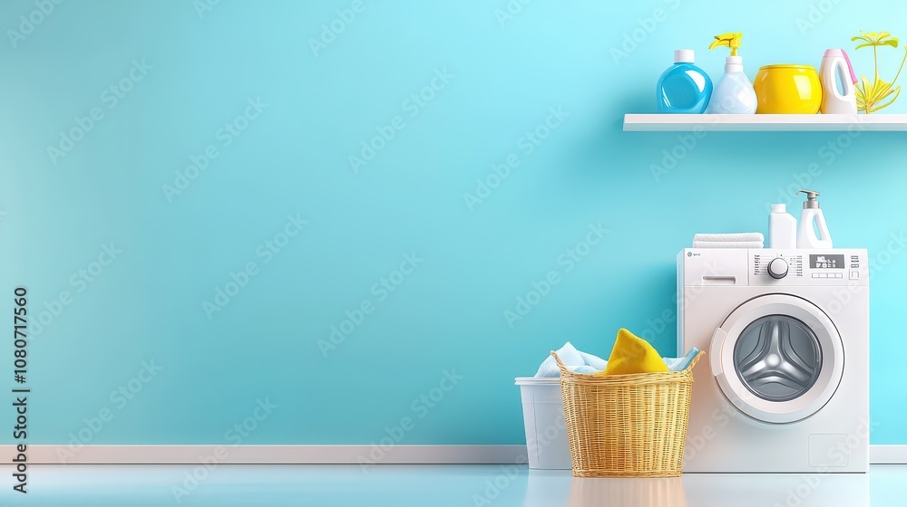 Laundry basket and bucket sitting on a modern washing machine against a ...