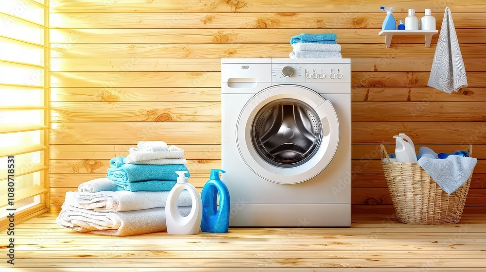 Modern white washing machine in a well-organized laundry space ...