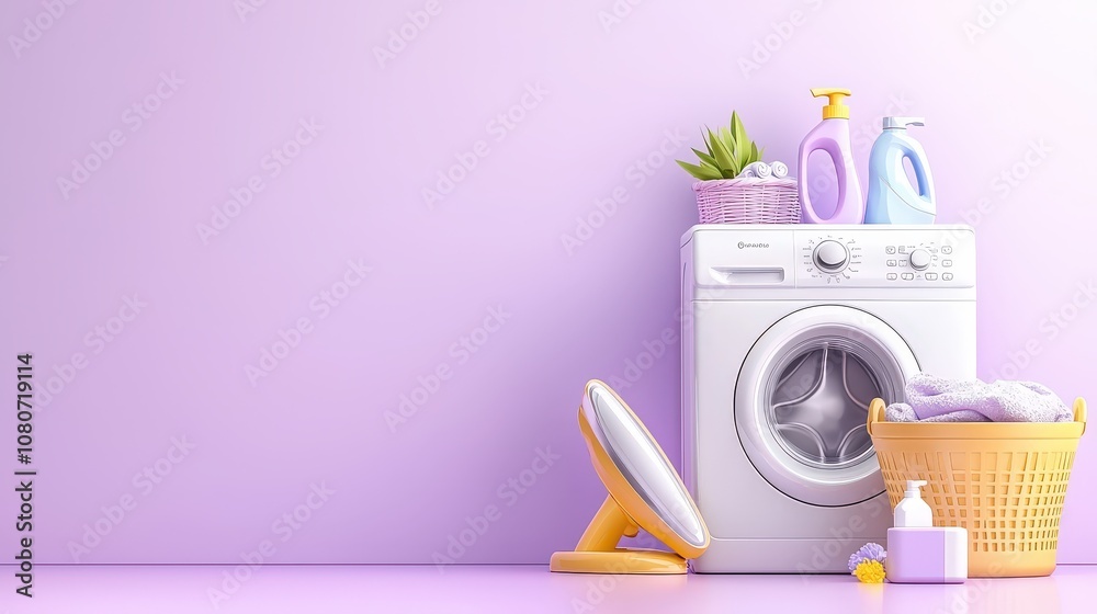 Stylish washer with laundry basket, iron, and detergent arranged on top ...