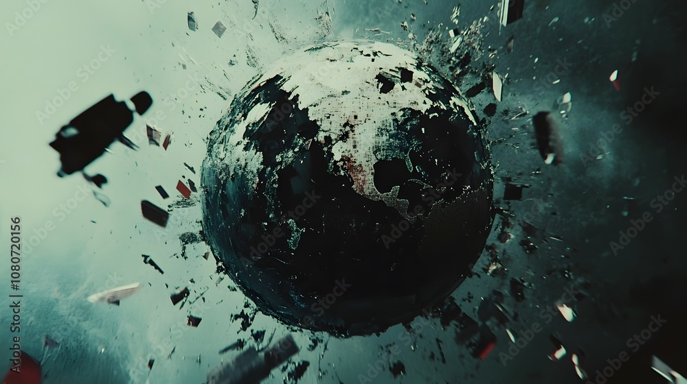 A fractured digital globe with glitched economic symbols, capturing the ...