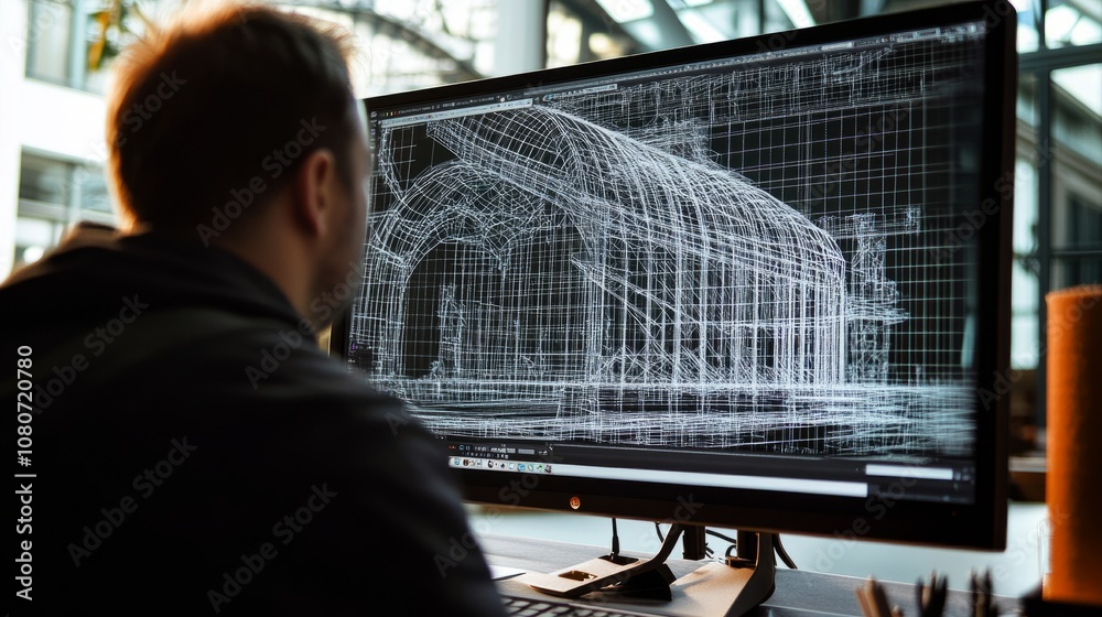 Engineer designing complex 3D models on CAD software, with detailed ...