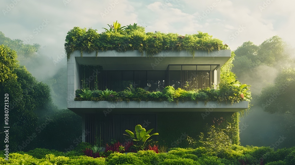 An eco-friendly home with a green roof covered in plants, integrating ...