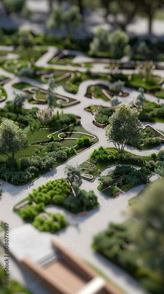 Aerial view of a modern geometric garden featuring winding pathways and ...