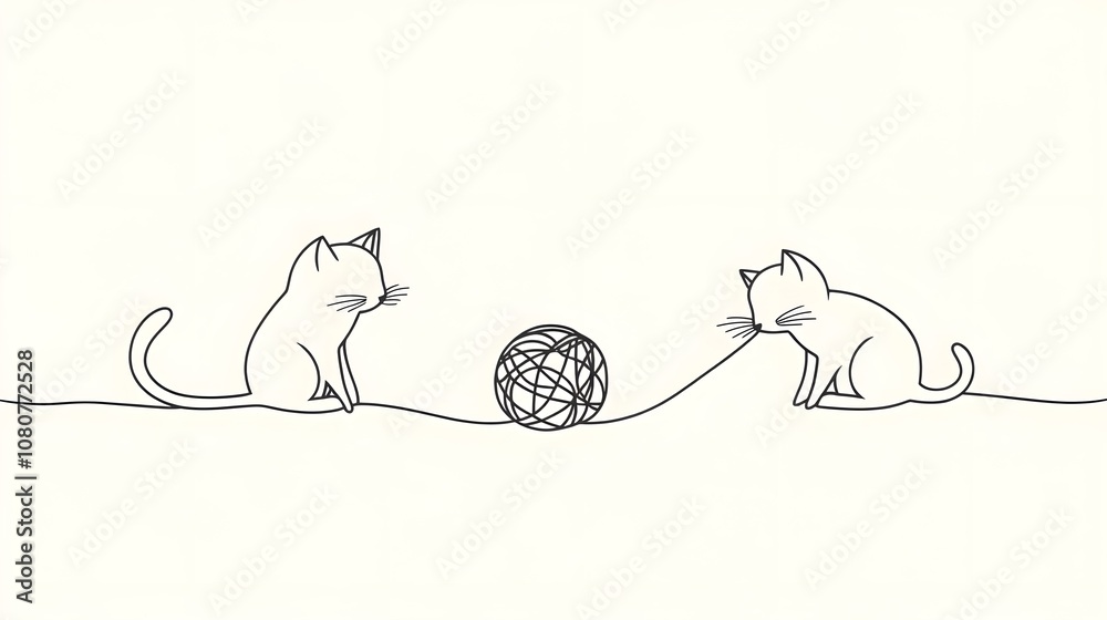 Continuous one line drawing of two kittens playing with ball of yarn ...