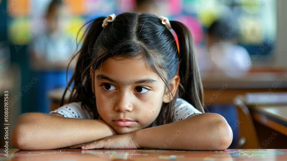 The girl rests her chin on her arms, appearing disengaged and bored in ...