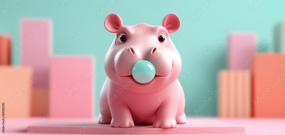 Cute pink hippo figurine with a bubble in its mouth, set against a ...