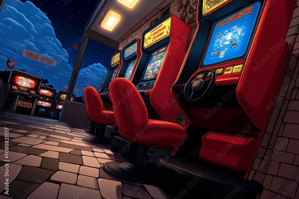 Pixel art of a retro arcade scene with classic games, vibrant neon ...
