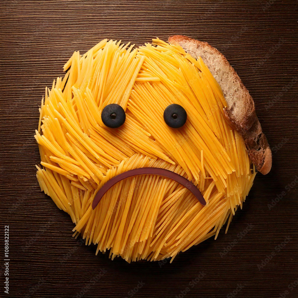 Sad face made of flour, bread, pasta, and wheat. Gluten, wheat free ...