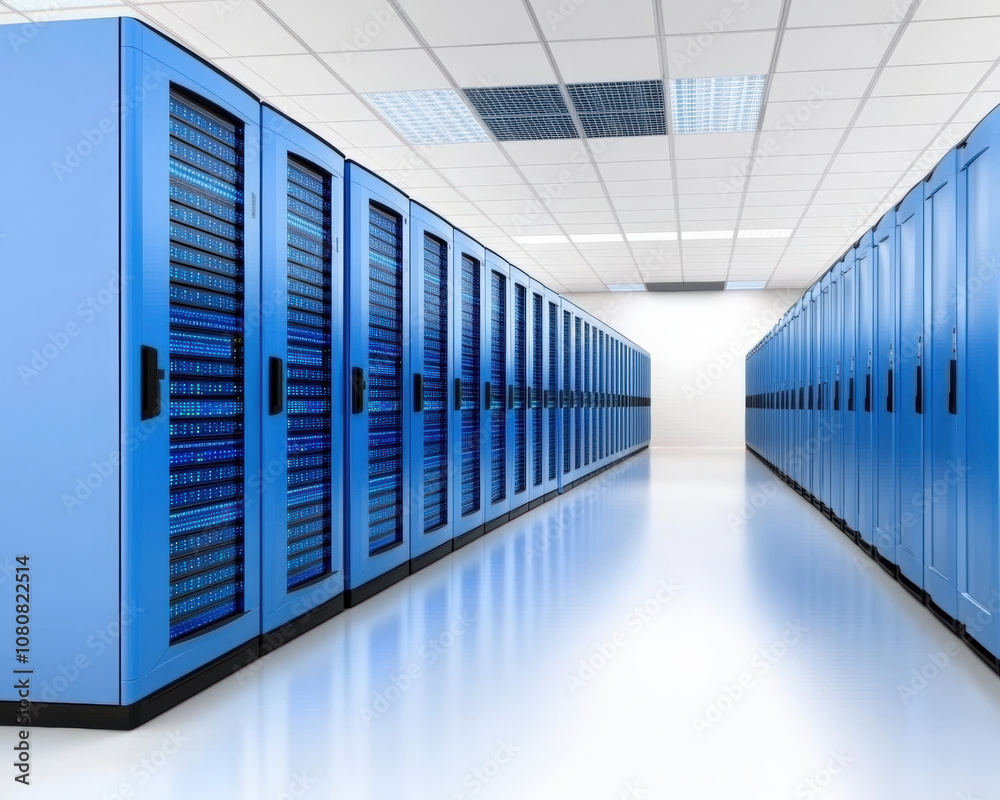 High tech data center with blue server racks and bright lighting ...