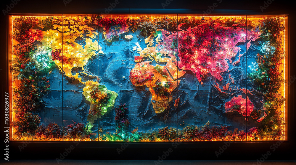Vibrant cityscape featuring a large illuminated world map billboard ...
