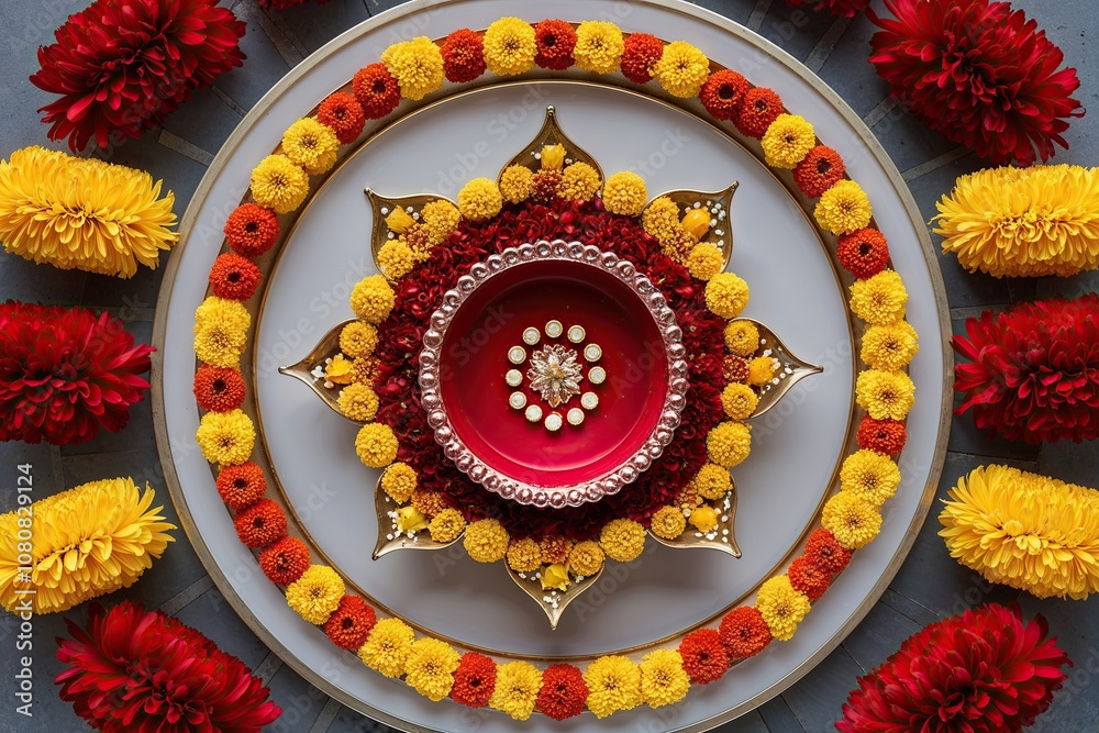 Aerial Floral Arrangement of Diwali Diya in Vibrant Red and Yellow for ...