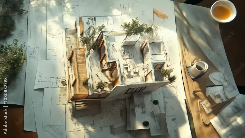 Architect presenting a modern sustainable house model on blueprints ...