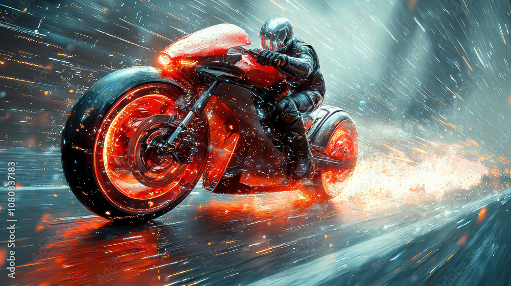 sleek futuristic motorcycle with rider speeding through dynamic ...