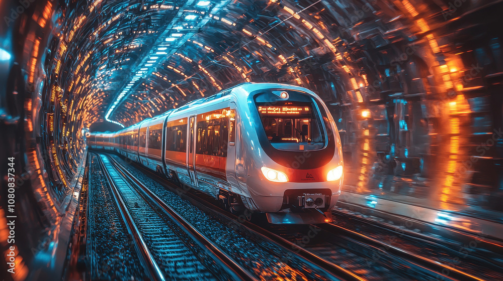 train emerges from vibrant, abstract vortex in tunnel, showcasing ...