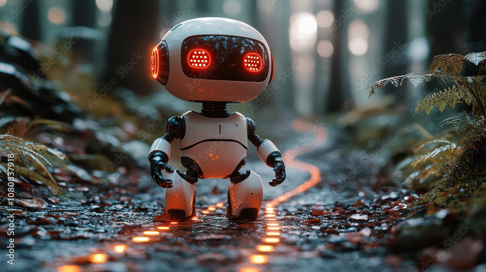 small robot walking on glowing digital path in forest. scene evokes ...