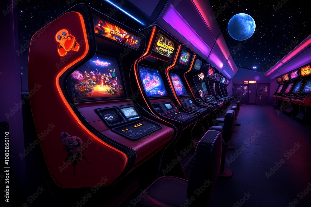 Pixel art of a retro arcade scene with classic games, vibrant neon ...