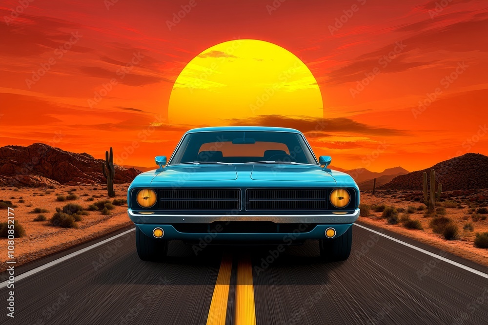 Retro poster-style road scene with a classic car driving into a sunset ...