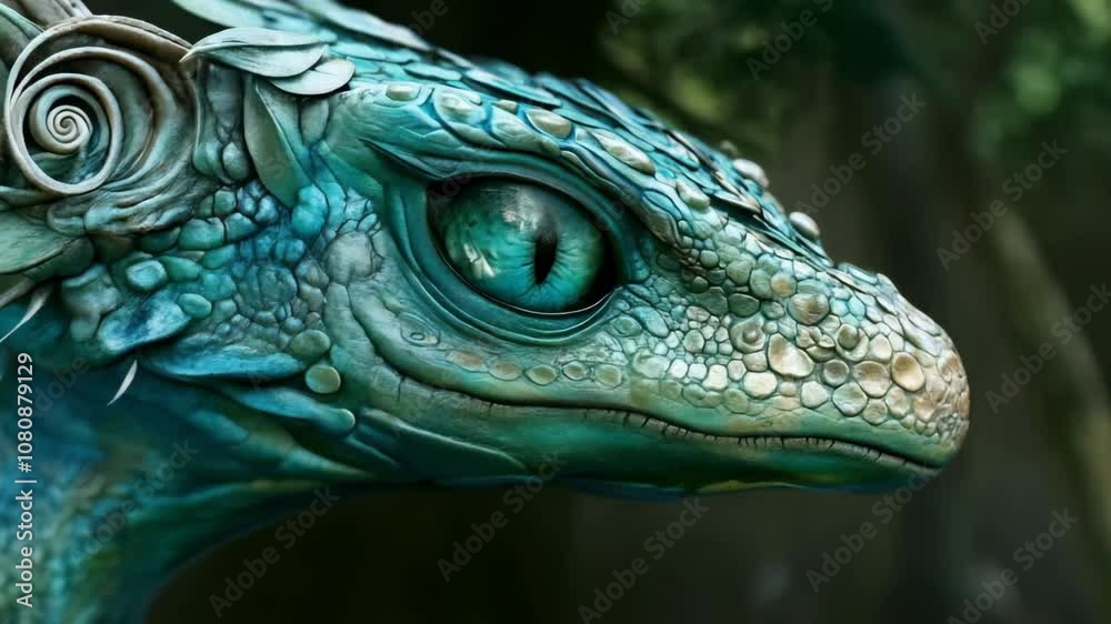 Turquoise dragon blinking its big blue eye. Sequence of photorealistic ...