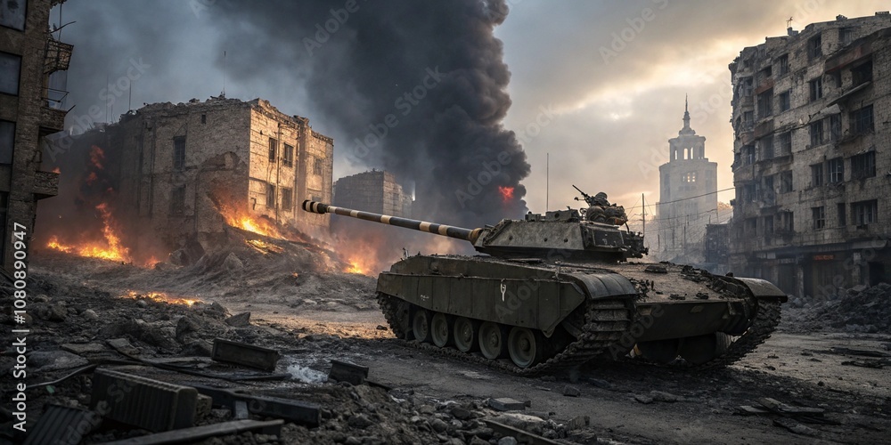 Tank attack in the city battle. Fire and explosions in the urban ...