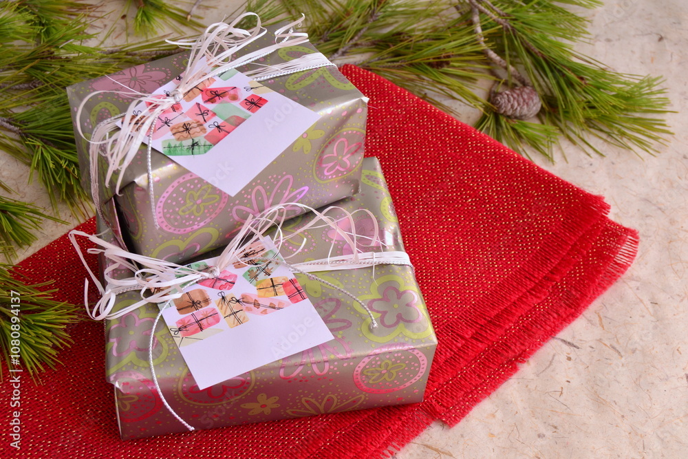 Christmas wrapped gifts mockup copy space tag label bow ribbon, pine ...