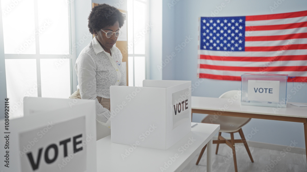 African american woman voting in an electoral college room with an ...