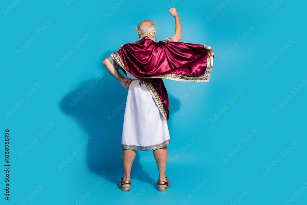 Full size photo of powerful mature man back view raise fist winner wear ...