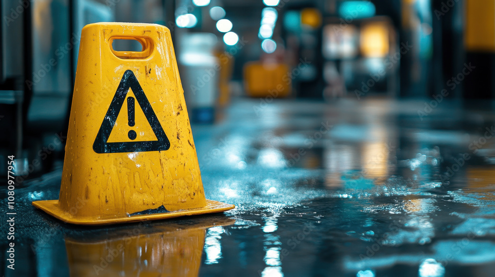 Exclamation mark, !. A wet floor warning sign is prominently displayed ...
