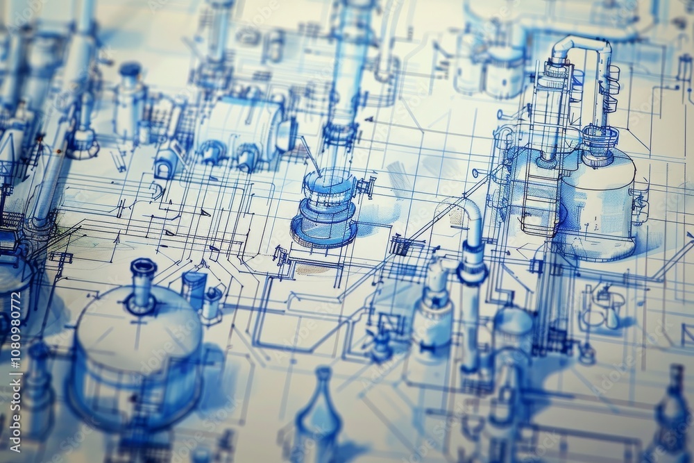 A close-up view of a detailed blueprint sketch of a complex machinery ...