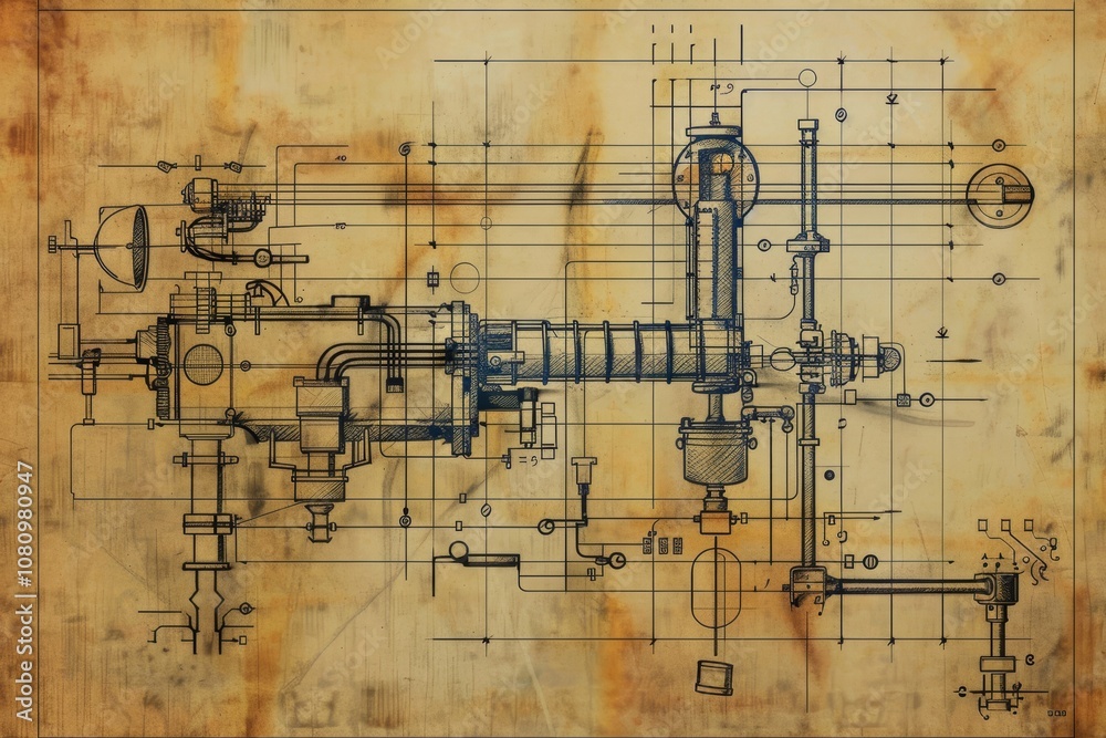 A blueprint sketch depicting a detailed design of a complex machinery ...