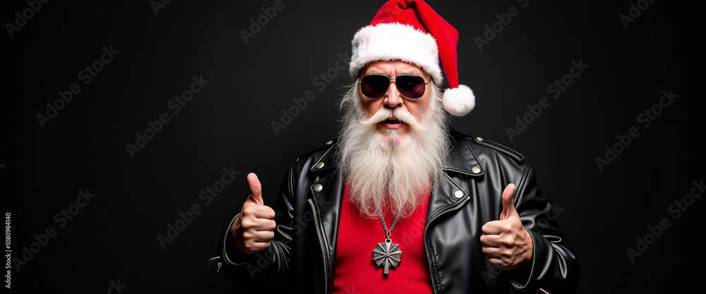 Hip Santa Claus wearing sunglasses and a leather jacket gives a thumbs ...