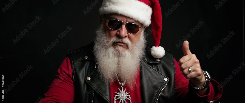 Hip Santa Claus wearing sunglasses and a leather jacket gives a thumbs ...