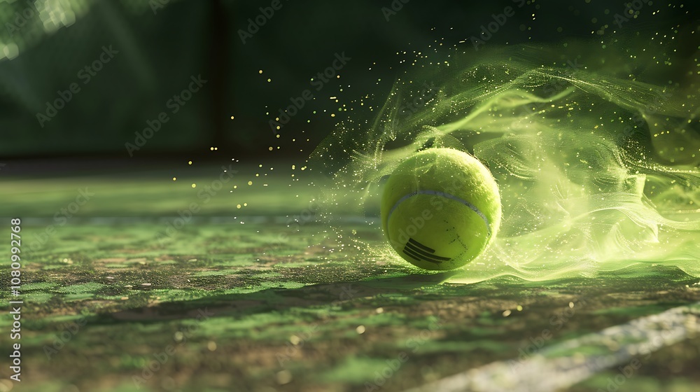 A tennis ball leaving a slight green fuzz trail as it speeds across the ...