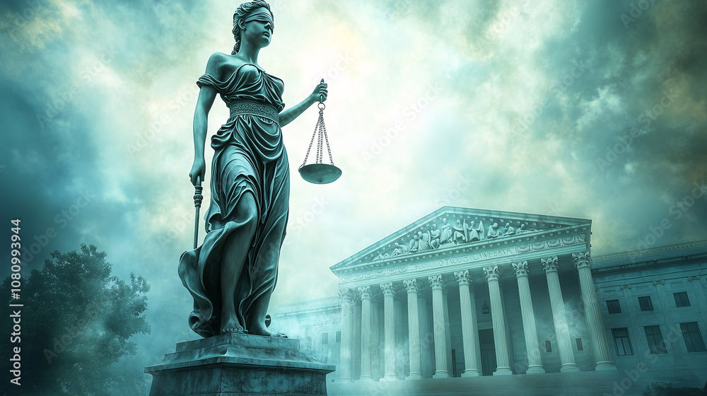 Justice concept illustrated by themis statue holding scales and sword ...