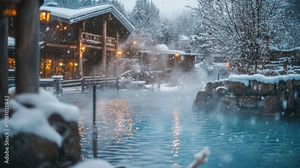 Snowflakes falling around a steaming hot spring at twilight, with soft ...