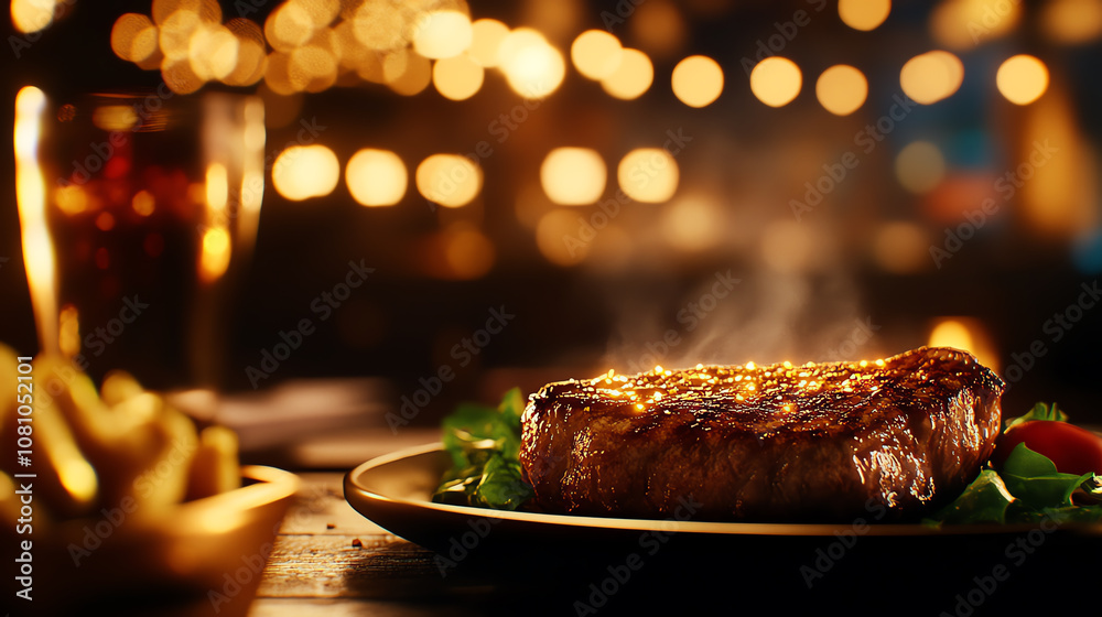 Thick steak with seared edges, luxury ambiance with golden lighting ...
